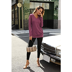 Womens Tops Ladies Long Sleeve Fall Shirts V Neck Casual Blouses Loose Fitting Tees Plain Color Tunics Dressy Clothes Style Fashion Trending Camisas Blusas de Mujer Moda Playeras Fuchsia Large