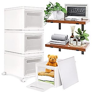 Plastic Storage Bins With Lids + Floating Shelves Wall Shelves - Storage Containers For Organizing, Stackable Storage Bins With Wheels + Set of 2 Wall Shelves for Bedroom, Wood Shelves