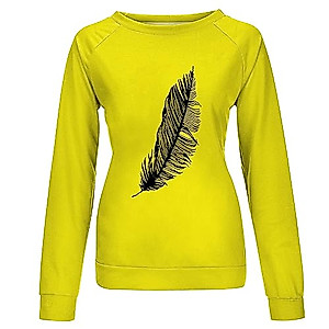 LAWOR Women'S Tops 2023 Summer Sudaderas capucha sudaderas la moda para mujer camisa manga larga estampado plumas jersey cuello redondo otoño G2-Yellow X-Large
