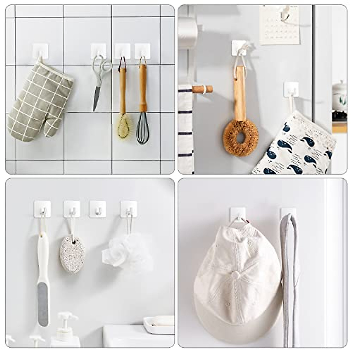 VIS'V Adhesive Hooks, White Self Adhesive Shower Wall Hooks Waterproof Stick on Hooks Stainless Steel Heavy Duty Kitchen Bathroom Sticky Hooks for Towel Loofah Key Cup Hat Coat - 4 Pcs