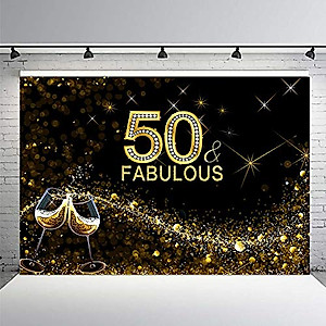 MEHOFOTO Glitter Gold and Black 50 and Fabulous Photo Studio Booth Background Wine Glass Bokeh Shiny Adult Happy 50th Birthday Party Decoration Banner Backdrops for Photography 7x5ft