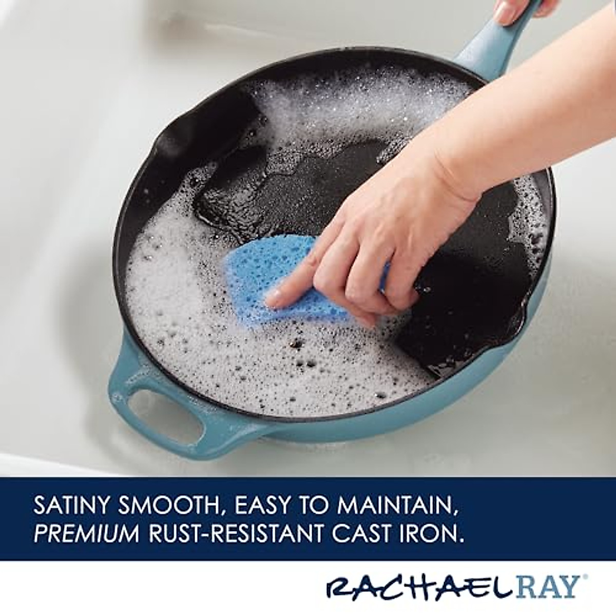 Rachael Ray NITRO Cast Iron Frying Pan/Skillet with Helper Handle and Pour Spouts, 12 Inch, Agave Blue