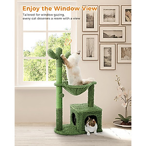 MUTTROS Cactus Cat Tree 40" Cat Tower with Large Metal Carpet Hammock, Cat Scratching Post for Indoor Cats with Condo& Dangling Ball, Green