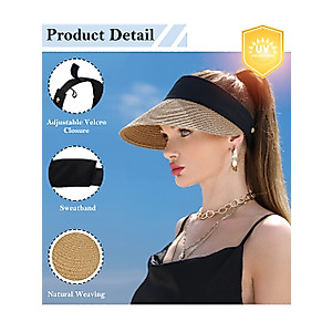 Women Wide Brim Straw Visor Sun Hat UV Protection Packable Beach Cap for Summer UPF 50+(Khaki)