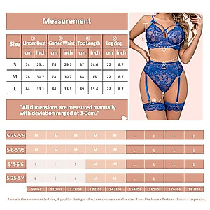 NEWEVEN Women's Lace Garter Lingerie 4 pcs Set with Teddy Babydoll Strappy Bra and Panty Set Garter Belt Leg Rings (No Stockings), Blue, L