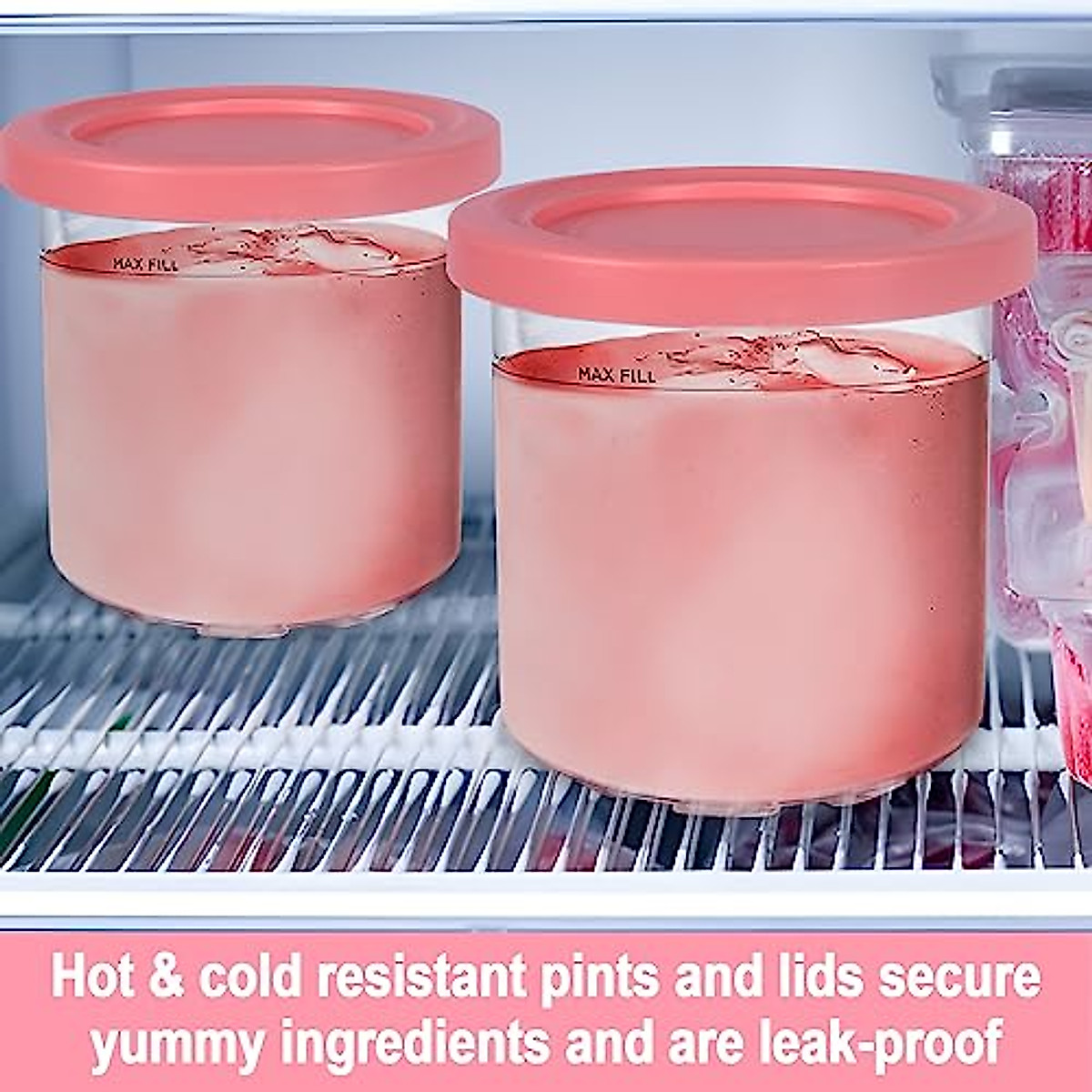 Replacement Pints Container with Silicone Lid for Ninja Pints and Lids, Compatible with NC299AMZ & NC300s Series Ice Cream Makers, 4 Pack 16oz Pint Containers Replacement with Leak Proof Lids, Bpa Free (4PCS)