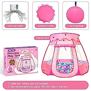 TooyBing Pop Up Princess Tent with Star Light, Toys for 1 2 3 Year Old Girl Birthday Gift, Ball Pit for Baby 12-18 Month, Foldable Kids Play Tent for Toddler 1-3, One Year Old Girl Toy Indoor Outdoor