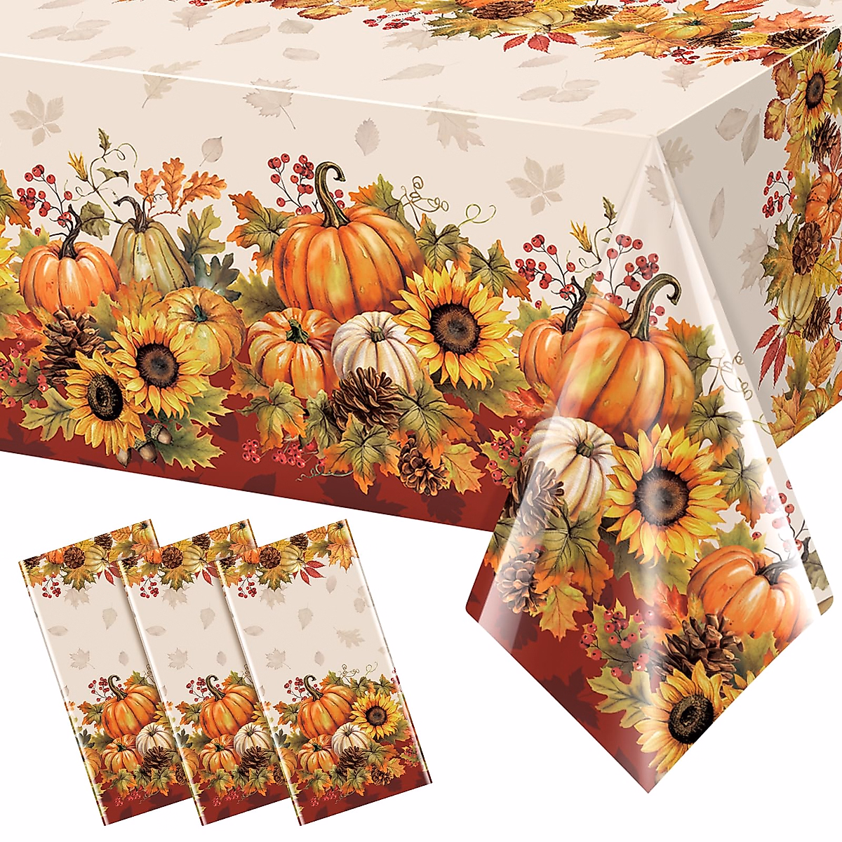 YIDAKO 3 Pack 108x54 inch Fall Tablecloths, Sunflower Pumpkin Tablecloth,Plastic Disposable Rectangle Table Cover for Autumn Harvest Thanksgiving Halloween Party Decorations