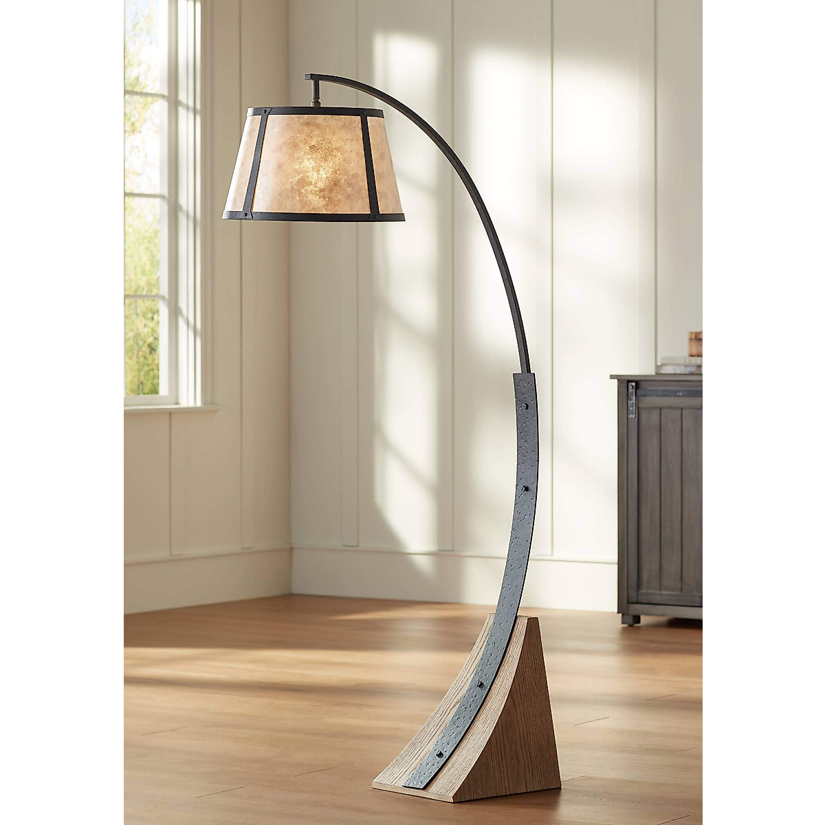 Franklin Iron Works Oak River Rustic Farmhouse Mission Style Arched Floor Lamp 66.5" Tall Dark Gray Black Wood Standing Base Mica Drum Shade for Living Room Reading House Bedroom Home Office