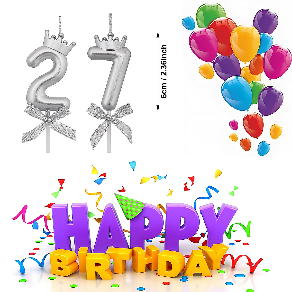 VSHILI 27 72 Birthday Candles, 27th 72nd Cake Candles, Silver Happy Birthday Number 27 72 Candles Cake Topper Decorations for Party Men Women