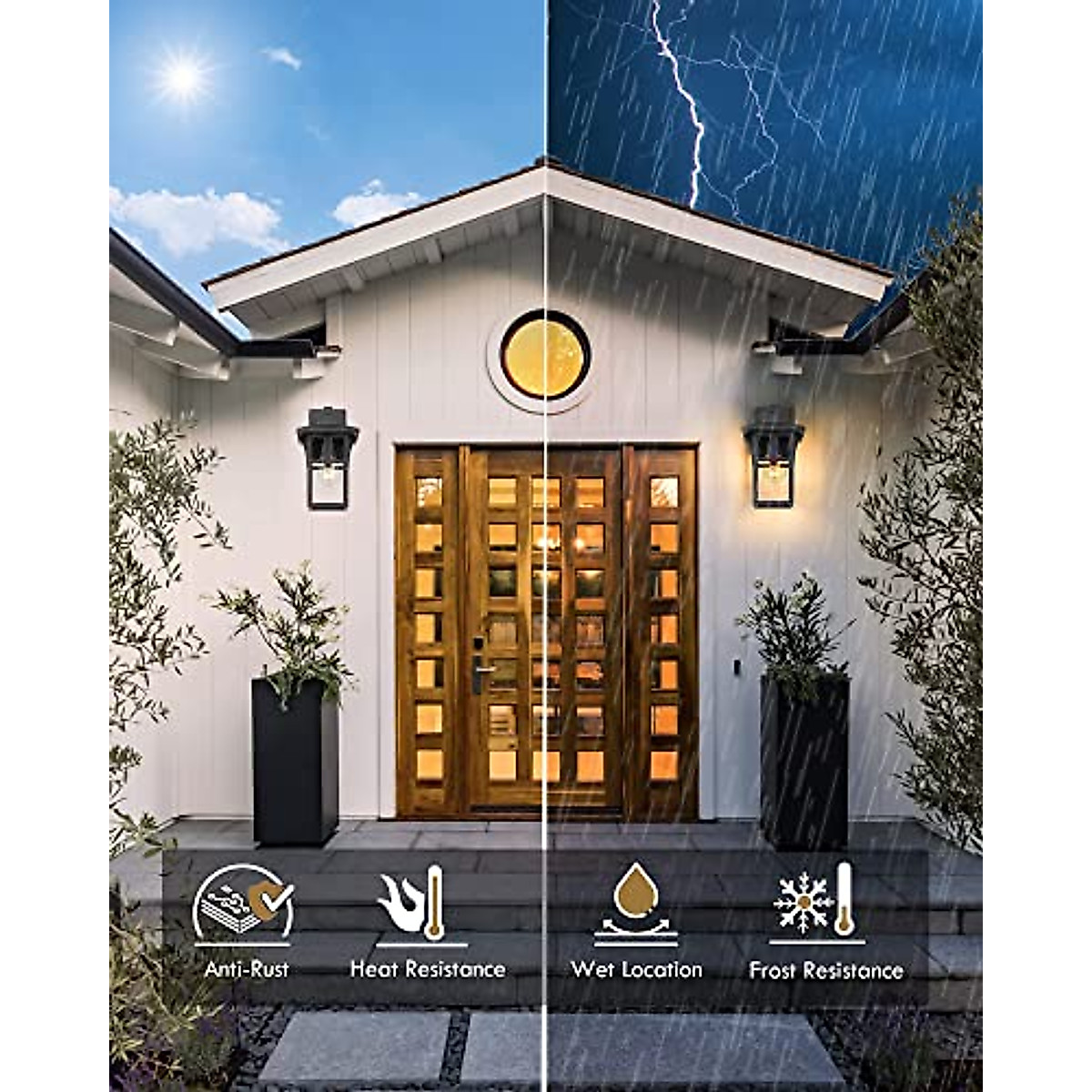 HWH INVESTMENT Outdoor Wall Light 2 Pack, Exterior Wall Sconce Light Fixtures with Seeded Glass, Farmhouse 1-Light Porch Light Waterproof for Patio Balcony Indoor, Matte Black, 5HX62B-2PK BK