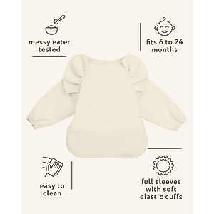WILLOW + SIM Long Sleeve Baby Bib - Mess-Proof Feeding Bib for Babies 6-24 Months - Antique White