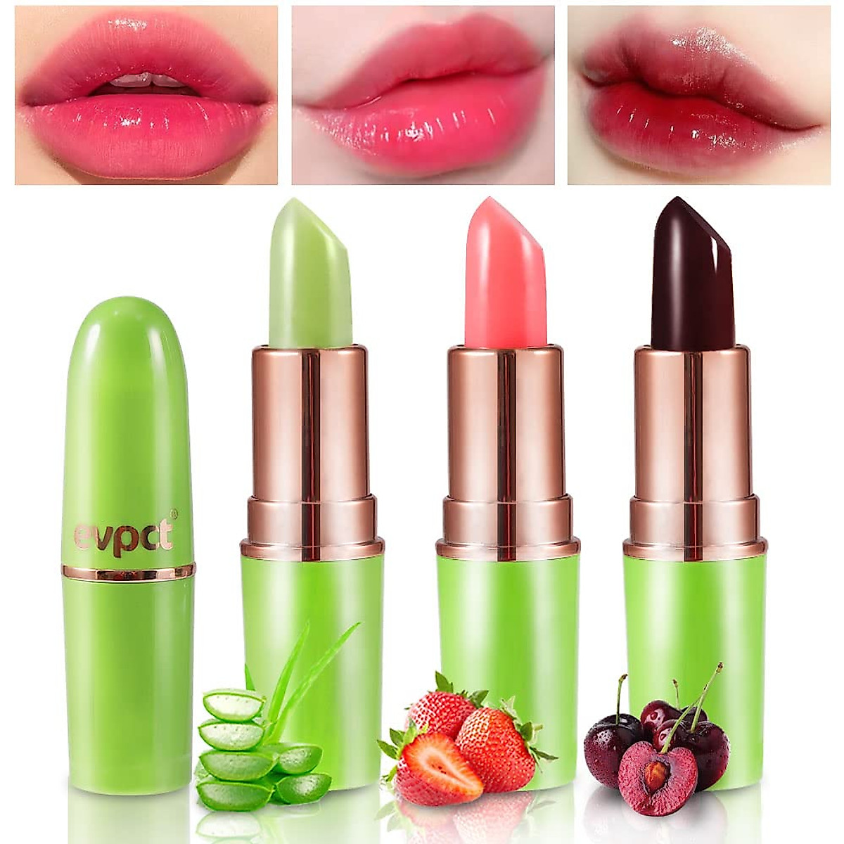 BINGBRUSH Color Changing Lipstick Queen,PH Mood Long Lasting Lip Gloss Korean Lip Balm Tinted Magic Makeup Moisturize Lipstick Set (3Pcs Aloe+Strawberry+Cherry, 3 Count (Pack of 1))