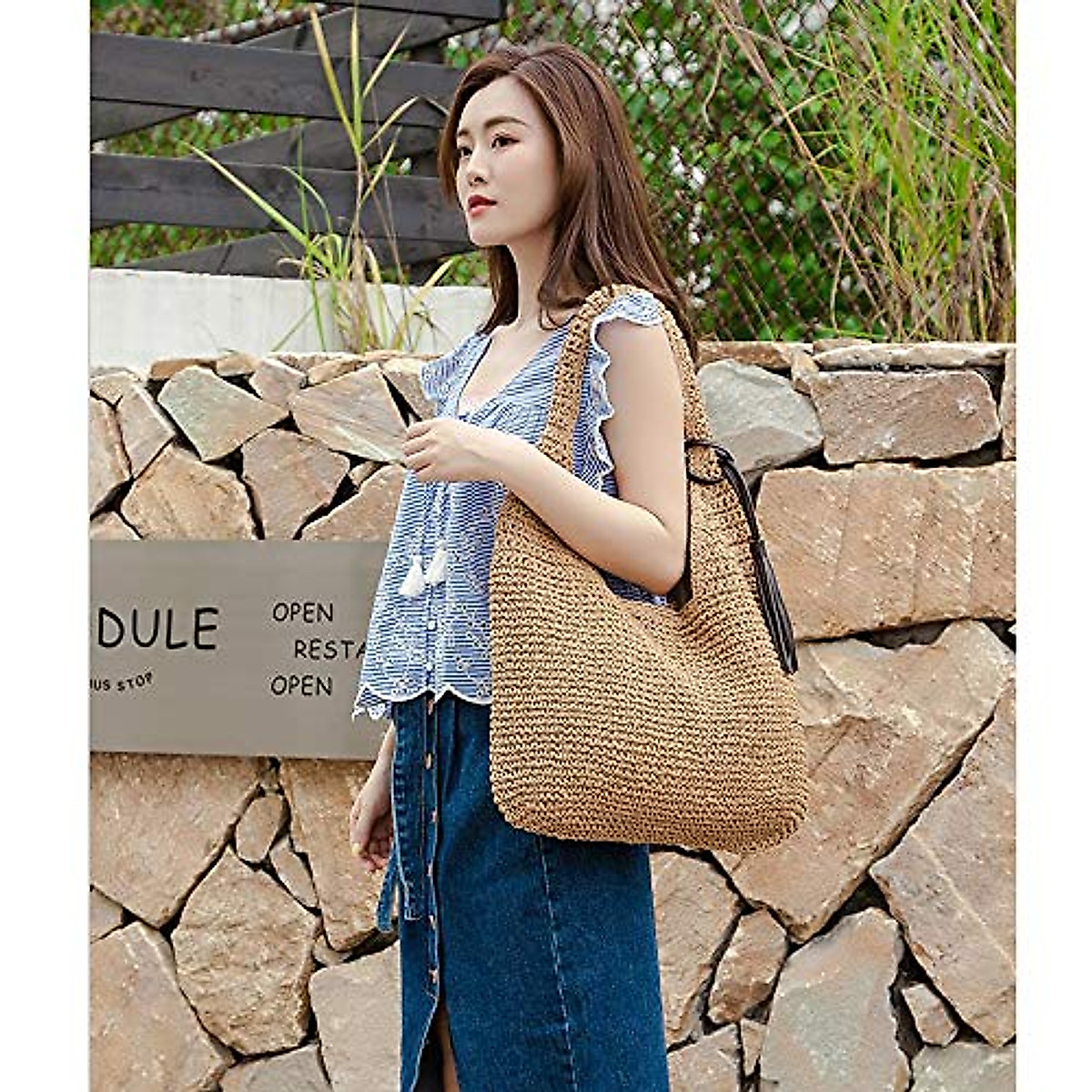 QTKJ Hand-woven Soft Large Straw Shoulder Bag with Black Tassels Boho Straw Handle Tote Retro Summer Beach Bag Rattan Handbag (Brown)