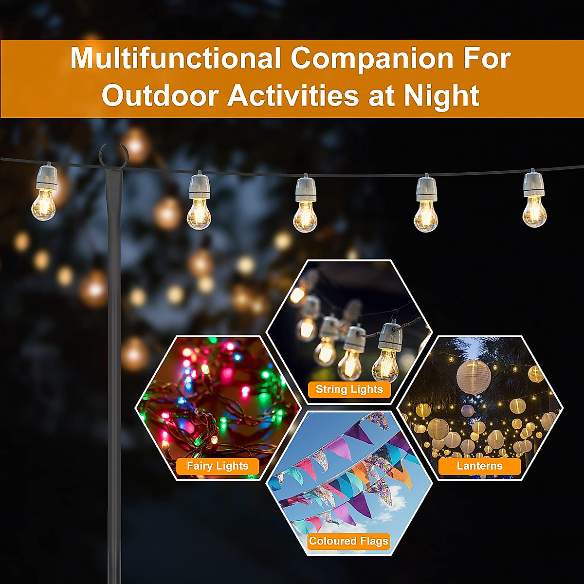 String Light Poles for Outside, 2 Pack 9ft 5 Prong Base Poles for Outdoor String Lights with Hooks- Garden, Backyard, Patio Light Poles for Wedding Party Deck Christmas