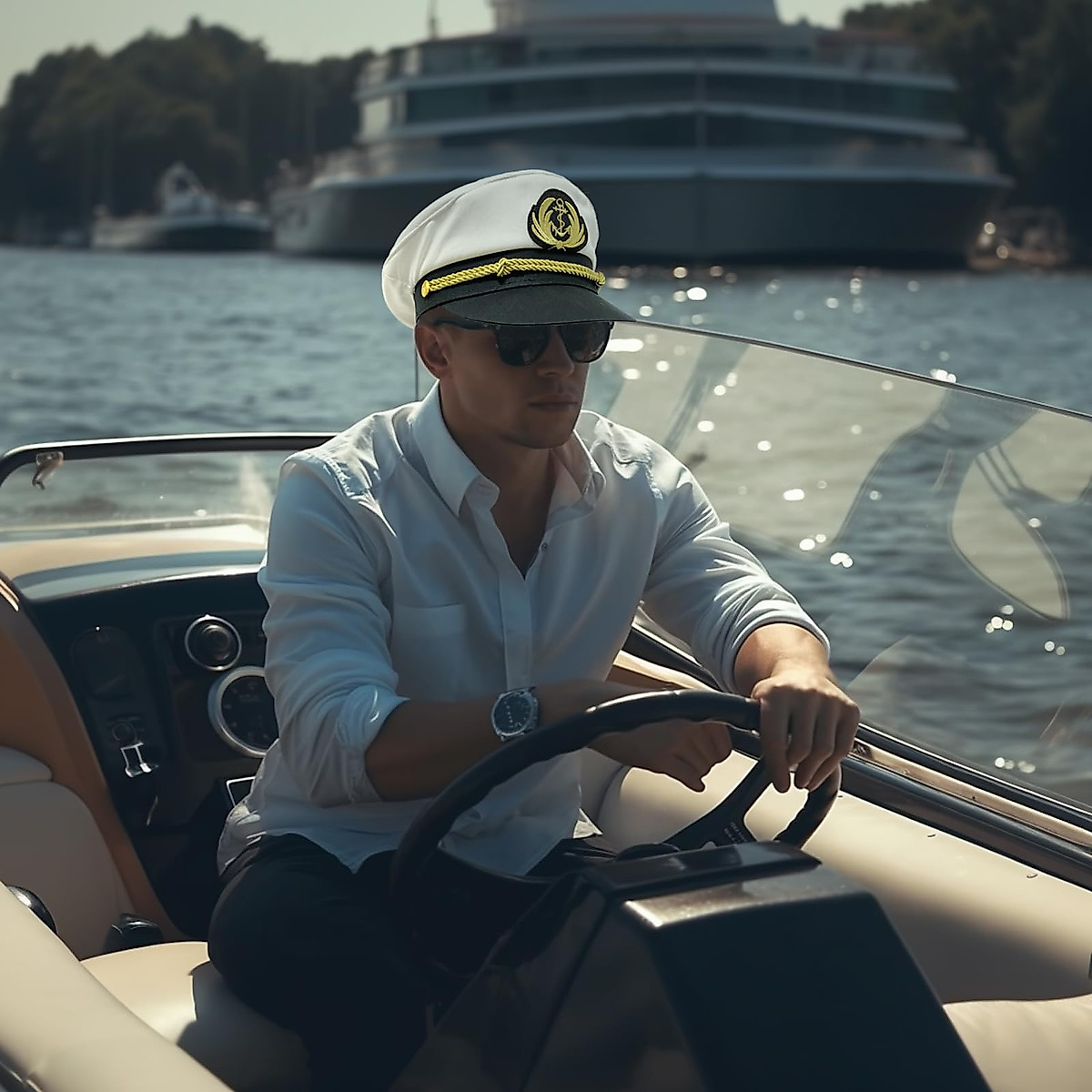 Chiclinco Admiral Captain Yacht Hat with Adjustable Snapback & Gold Embroidery Anchor Skippers Cap for Club Pub Party Costume Accessory (White 1)