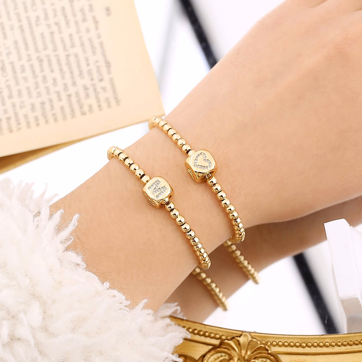 Yoosteel Gold Initial Bead Bracelets for Women Trendy, 14K Gold Filled Cute P Letter Bracelet Personalized Gold Jewelry Gold Bead Bracelets for Women Friends Bridesmaids Gold Jewelry Gifts for Women