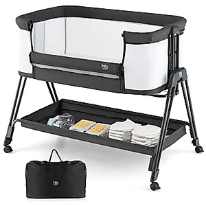 BABY JOY Bassinet Bedside Sleeper, Easy Folding Baby Crib w/All-Side Mesh, Storage Shelf, 7 Adjustable Heights, Mattress & Travel Bag for Safe Co-Sleeping, Portable Baby Bed for Newborn Infant -Gray