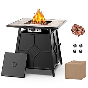 OTSUN 28'' Propane Fire Pit Table for Patio Outdoor, 40000BTU Gas Fire Table with Weather Cover, Lid, and Volcanic Rock, Pulse Ignition System, Stainless Steel
