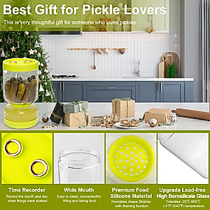 Glass Pickle Jar with Strainer Flip and Brush - 49oz Wide Mouth Hourglass Pickle Container for Wet and Dry Pickle Juice, Pickle Jar with 2 Leak Proof Airtight Lids, Time Recorder Jar, PicFood Storage