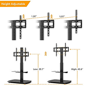 5Rcom Universal TV Floor Stand with 2 Shelves for 27 32 37 42 47 50 55 65 inch Tall LCD LED Flat or Curved Screens TVs Skinny TV Stand with Swivel Mount and Height Adjustable, Black