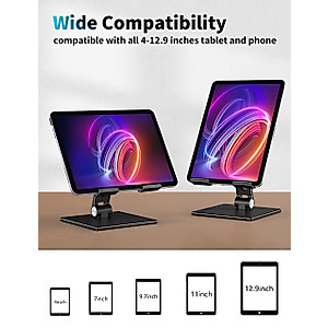 ALASHI Tablet Stand for Desk, Stable Tablet Holder with Heavy and Thickened Metal Base for Large Tablet Device, Multi-Angles Adjustable and Foldable, Universal Supports 4-13.3 Inches Tablet, Black