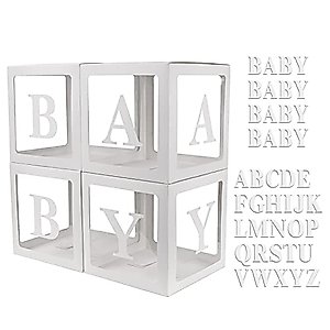 JOYYPOP Baby Boxes with 42pcs Letters(A-Z+Baby) for Baby Shower, Transparent Balloon Boxes Blocks for Gender Reveal, Bridal Shower, Birthday Party Decorations (White)