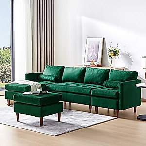 wirrytor Modular Sectional Sofa, Velvet U Shaped Couch, Modular Sectional with Reversible Ottomans for Living Room, Green