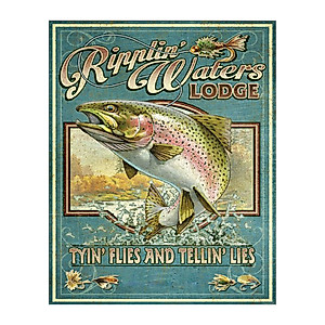 Ripplin' Waters Lodge - Vintage Animal Wall Art Decor, This Rustic Fish Themed Tyin' Flys and Tellin' Lies Wall Decor Print is Ideal for Home, Cabin, Deck, Lodge & Lake House Decor, Unframed - 8X10