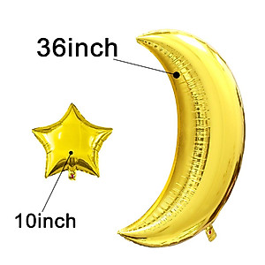 Weoxpr 4 Pcs 36 Inch Large Moon Foil Balloons and 20 Pcs 10 Inch Gold Foil Star Balloons Mylar Balloon Helium Metallic Balloons for Party Wedding Baby Shower Decoration
