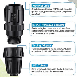 ElectricWise 4 Pcs 25 PSI Drip Irrigation Pressure Regulator Faucet Adapter Kit, 2 Pcs 3/4" FHT x 3/4'' MHT Pressure Regulator, 2 Pcs 1/2 Inch Drip Irrigation Tubing Adapter for Drip Irrigation System