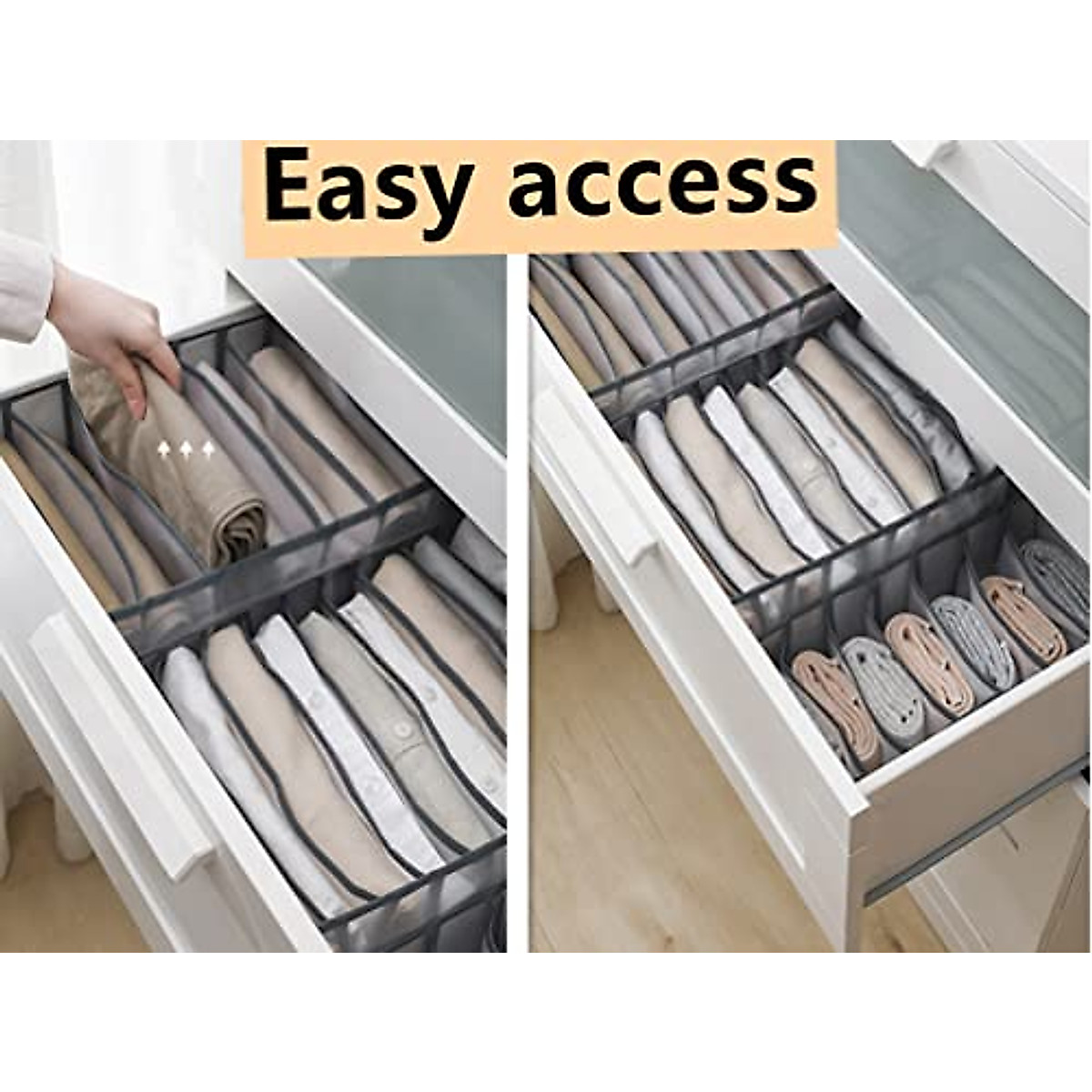 BINGC 2 PCS Washable Wardrobe Clothes Organizer , 7 Grid Drawer Foldable Visible Storage Box Jeans Compartment Divider Boxes for Jean Pants Socks Bras Ties Lingerie Scarves (14.2x6.7x4.7 inch, WHITE)