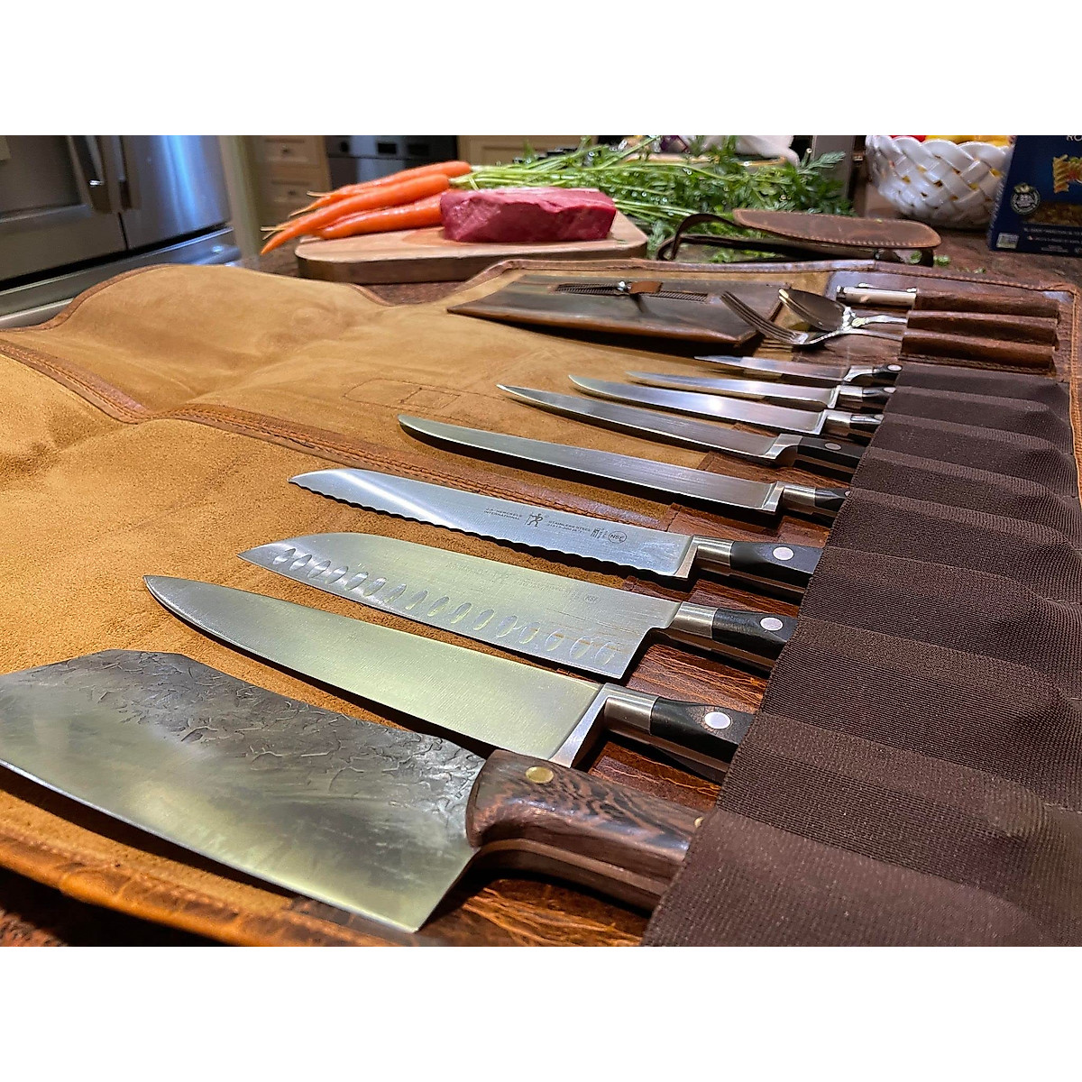Knife Bag Knife Roll - Case for Knives - SharpStyle: Genuine Leather Chef Knife Roll - Beautifully Holds 10 Knives + Utility Pockets - Includes Leather Carry Handle and Strap - Large.