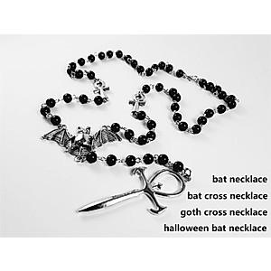 Ankh Cross Bat Necklace Religious Grunge Gothic Vampire Black Long Rosary Beaded Ancient Egyptian Necklace for Women