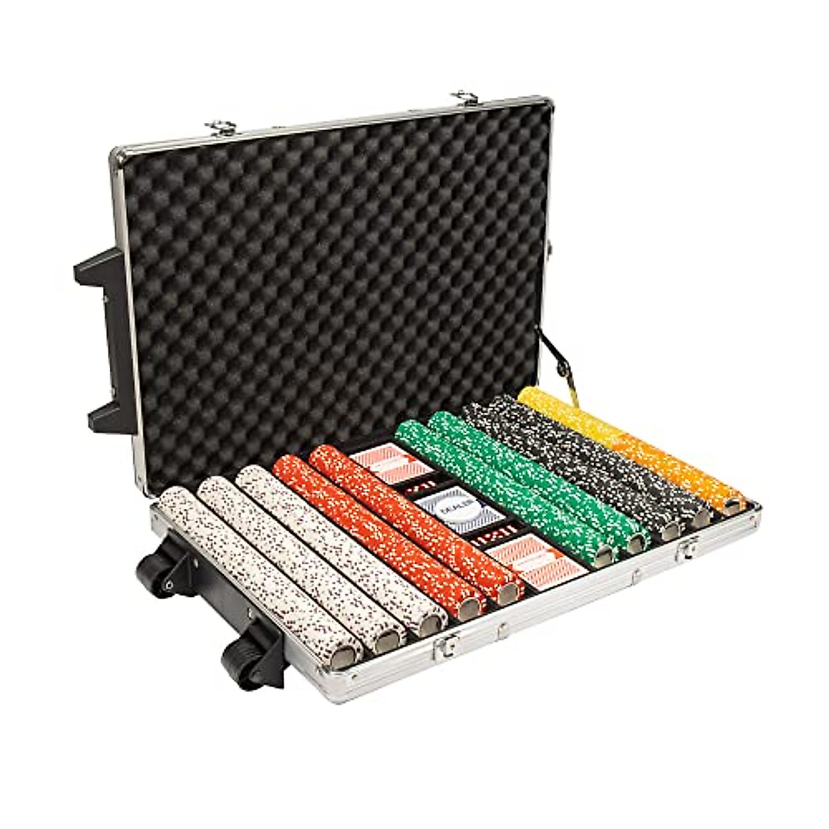 Coin Inlay Poker Chip Set Aluminum Carry Case - Casino 15-Gram Quality Poker Chips with Silver Metal Inserts, Dice, Playing Cards - Heavy-Duty Protection - Locking Portable Case (1000 ct. Rolling)