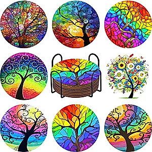 8 PCS Diamond Painting Coasters kit with Holder-Colorful Tree Diamond dot Art Coasters for Adults Kids Beginners,DIY Art and Crafts Gift