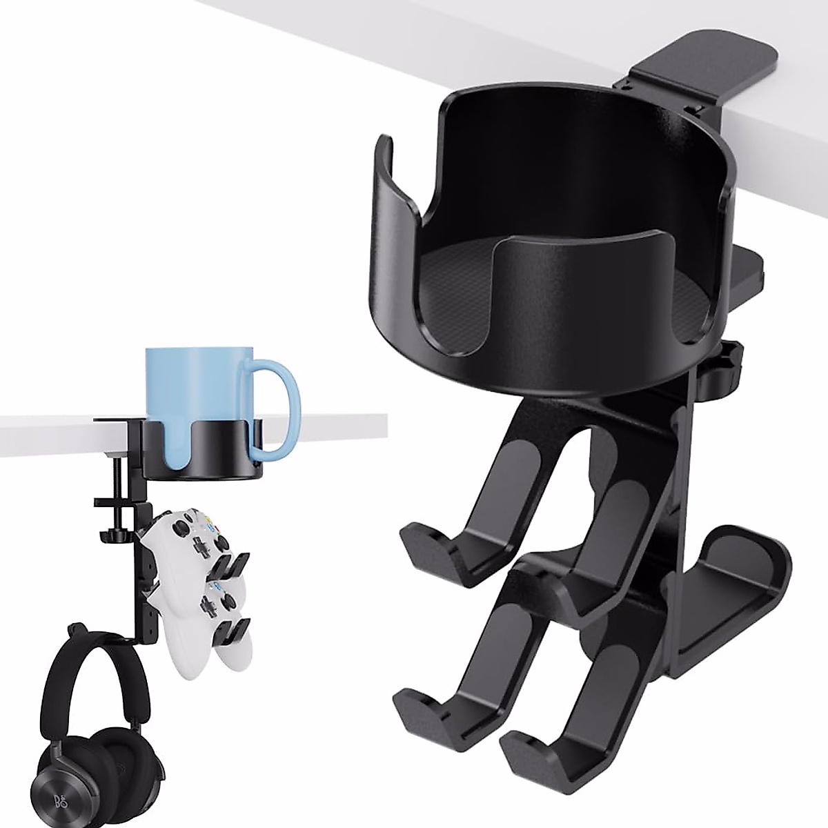 360° Rotating Controller Headphone Holder - Larger Desk Cup Holder with Adjustable Headset Hanger Controller Stand | Clamp On Desk Organizer | Gaming Pc Accessories