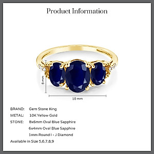 Gem Stone King 2.94 Cttw 10K Yellow Gold Blue Sapphire and Diamond 3-Stone Engagement Ring | Gemstone Birthstone | 3 Stone Wedding Anniversary Promise Ring For Women (Size 6)