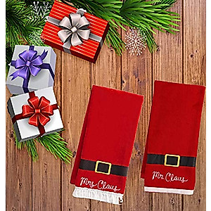 St. Nicholas Square Christmas Towels, Red Bath Hand Towel Set of 2, Mr. & Mrs. Claus with Santa Belt Decorative Design 25 x 16 Inches Bathroom Decorating for The Holidays