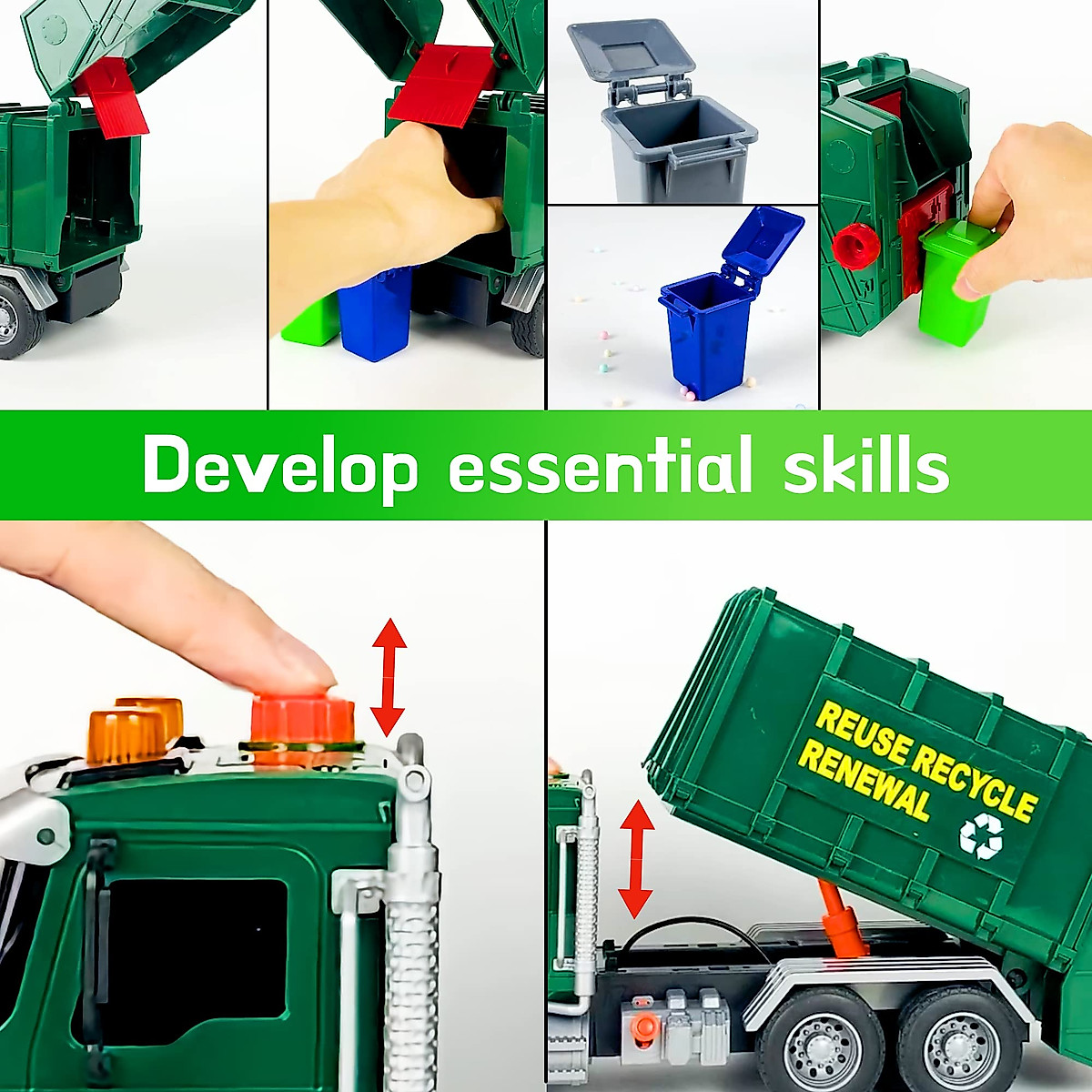 MOBIUS Toys Garbage Truck Toy – Recycling Vehicle for Boys with 3 Garbage Cans + 48 Flash Cards – Push & Go, Lights & Sounds – Multi-Functional Trash Truck w/Moving Parts for Ages 3-8