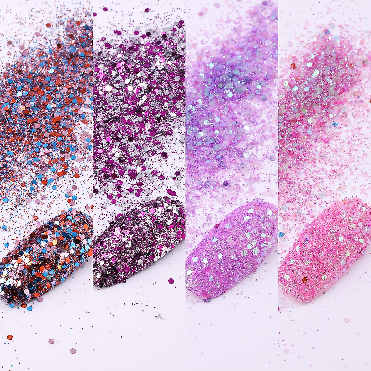 Oneleaf Holographic Chunky Glitter 16 Colors Total 120g Face Body Eye Hair Nail Festival Chunky Mermaid Dreams Holographic Sequins Glitter for Christmas, Mixed Different Size