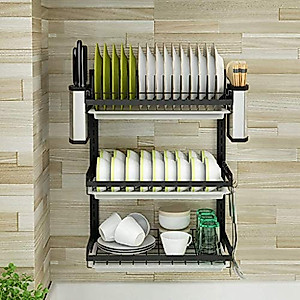FEHUN Sinks,3-Layer 201 Stainless Steel Kitchen Wall-Mounted Dish Rack Drain Rack with Chopsticks Cage,Holder
