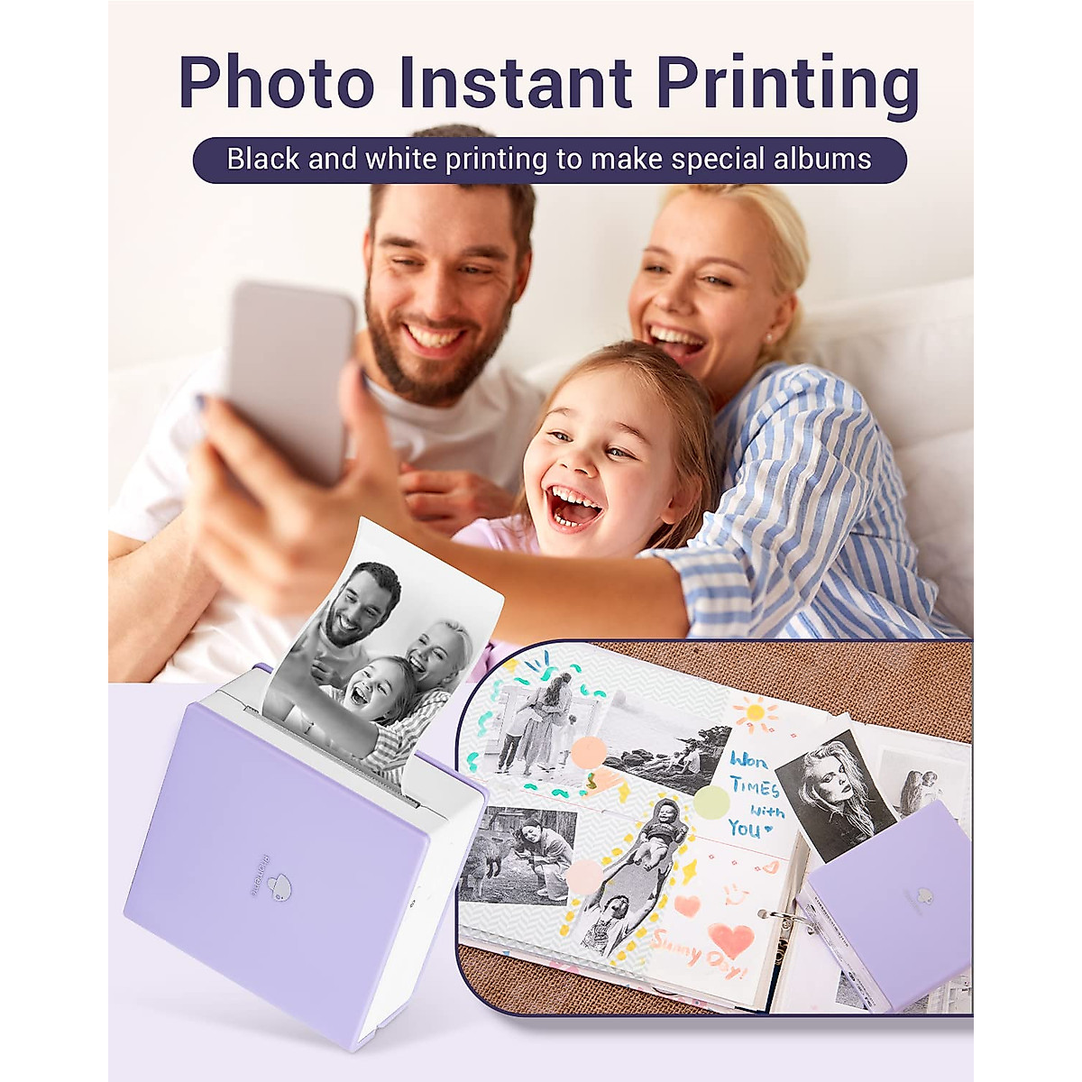 Phomemo Pocket Printer - M02 Mini Bluetooth Wireless Sticker Printer, Compatible with iOS & Android, Thermal Mobile Printer for Fun, memo, to-do List, Work Notes, DIY Journal, Purple