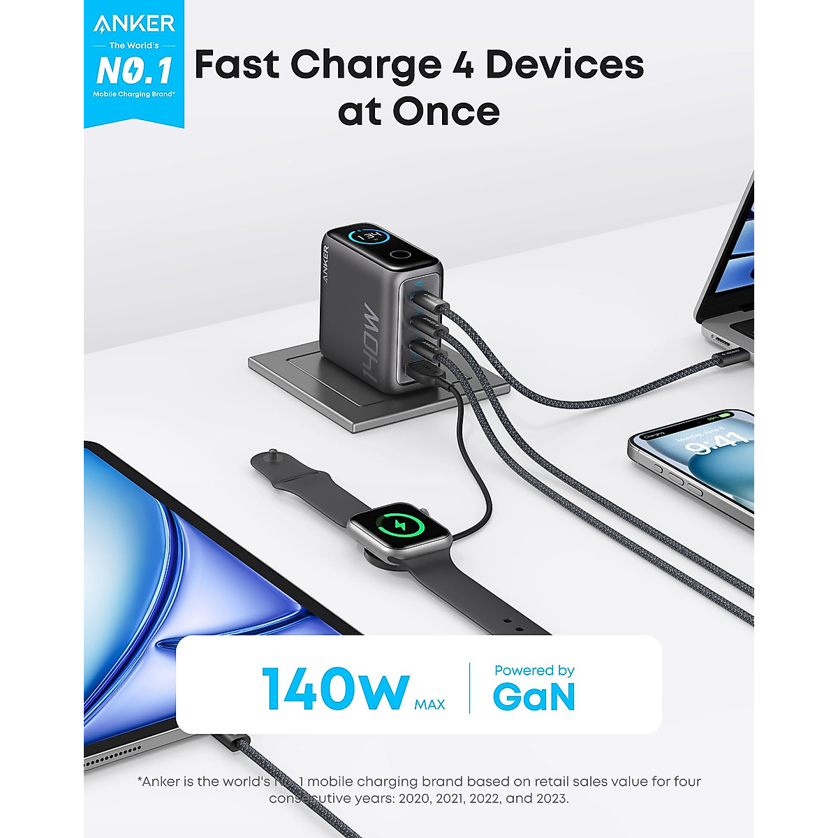 Anker Laptop Charger, 140W USB C Charger, 4-Port Multi-Device Fast Charging, Advanced GaN Power Adapter, Intuitive Touch Controls, for MacBook, iPhone 16 Series, Samsung Galaxy, Pixel, and More