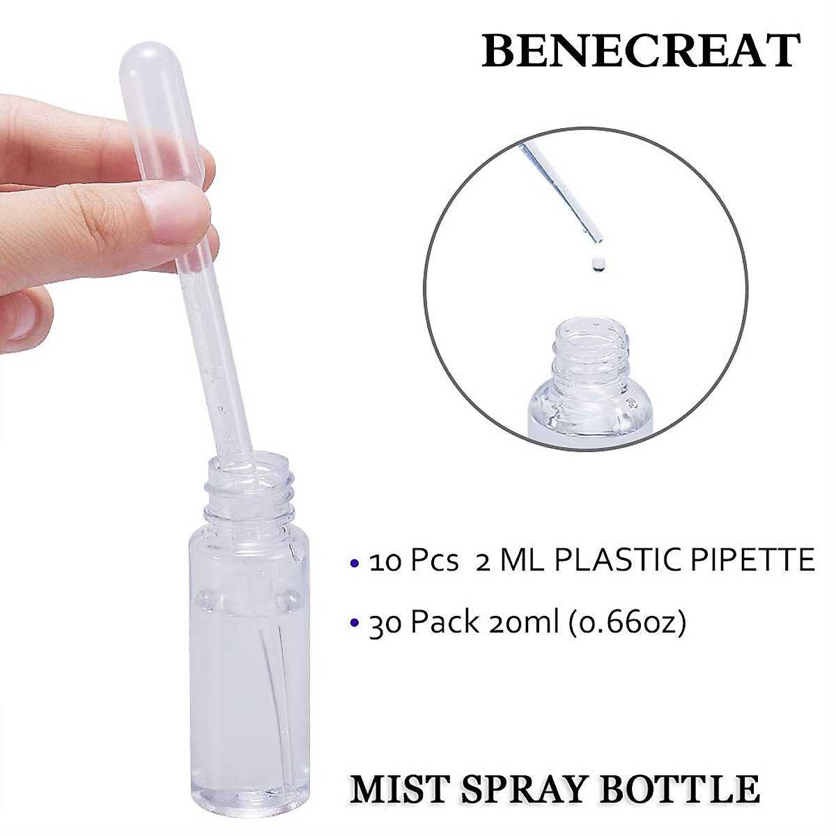 BENECREAT 30 Pack 20ml Fine Mist Spray Bottles Travel Size Bottles Travel Essentials Cosmetic Sample Bottles with 10pcs Plastic Pipettes for Perfume, Essential Oils, Toner