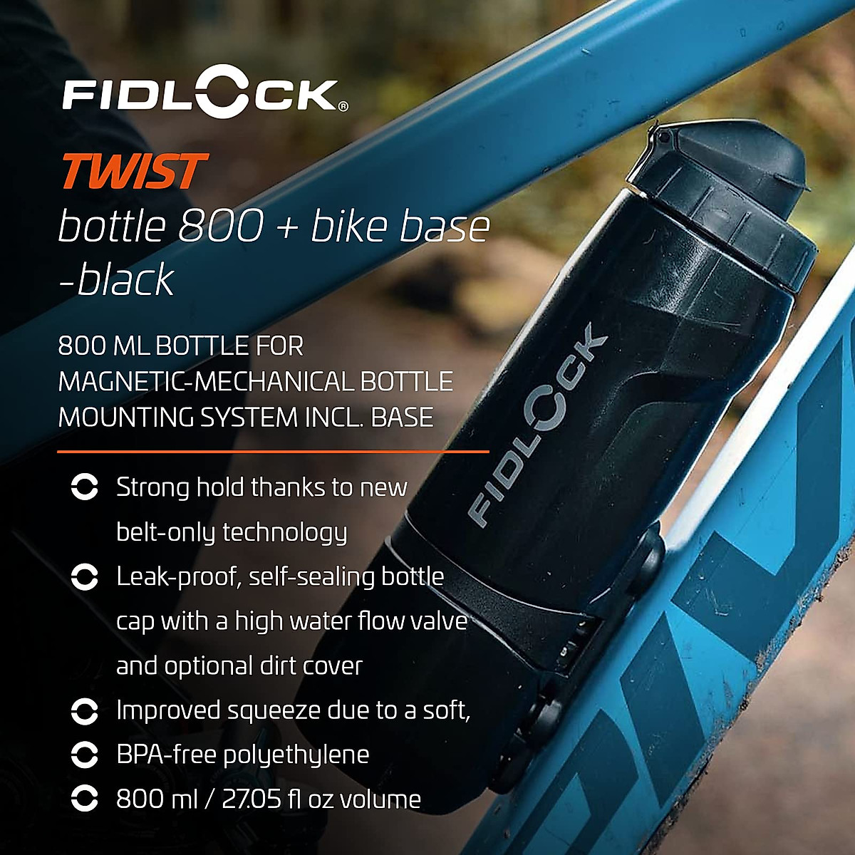 FIDLOCK Twist Bottle 800 & Bike Base Set - New Leak-Proof, Self-Sealing Bottle Cap - Bike Water Bottle Holder with No Screws & Attached Bottle - Cage Free Magnetic Rack - Black