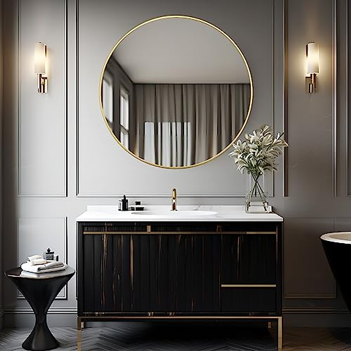 Growsun 48 inch Large Gold Round Mirror, Bathroom Mirror for Wall, Metal Frame Round Mirror for Fireplace Living Room Wall Decor