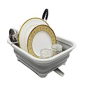 SAMMART 8.5L (2.2 Gallon) Collapsible Dish Drainer with Swivel Spout - Foldable Drying Rack - Portable Dinnerware Organizer - Space Saving Kitchen Storage Tray (1, Grey)