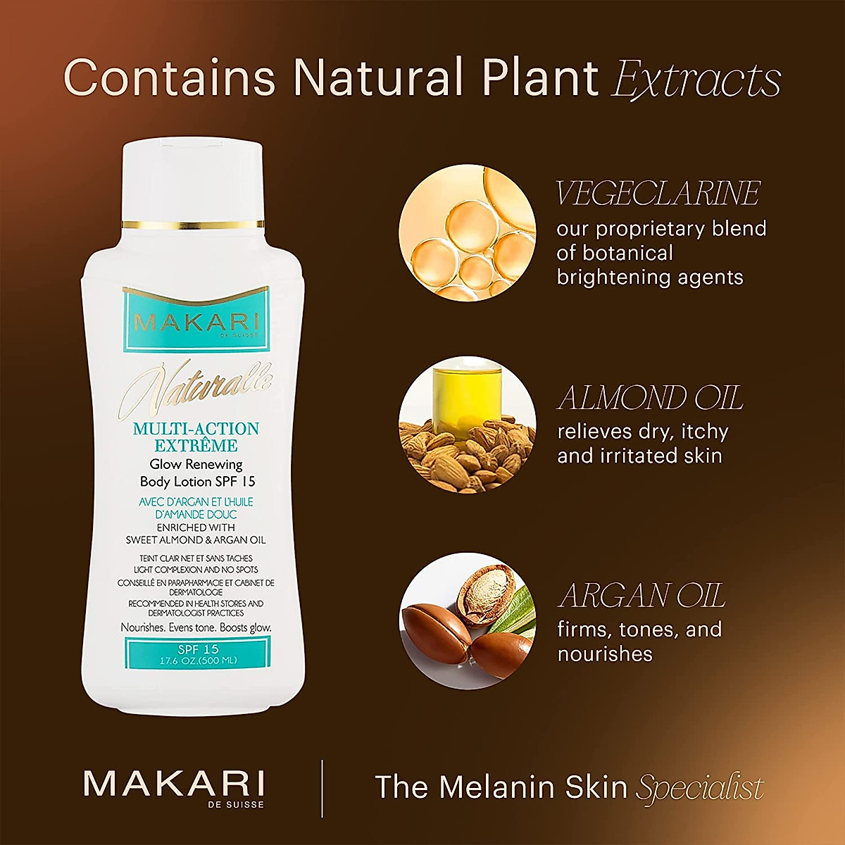 MAKARI Naturalle Multi-Action Extreme Body Lotion SPF15 (17.6 oz) | Moisturizes, Softens, Nourishes, and Enhances Natural Skin Radiance | Protects Against Sun Damage | Recommended for All Skin Types
