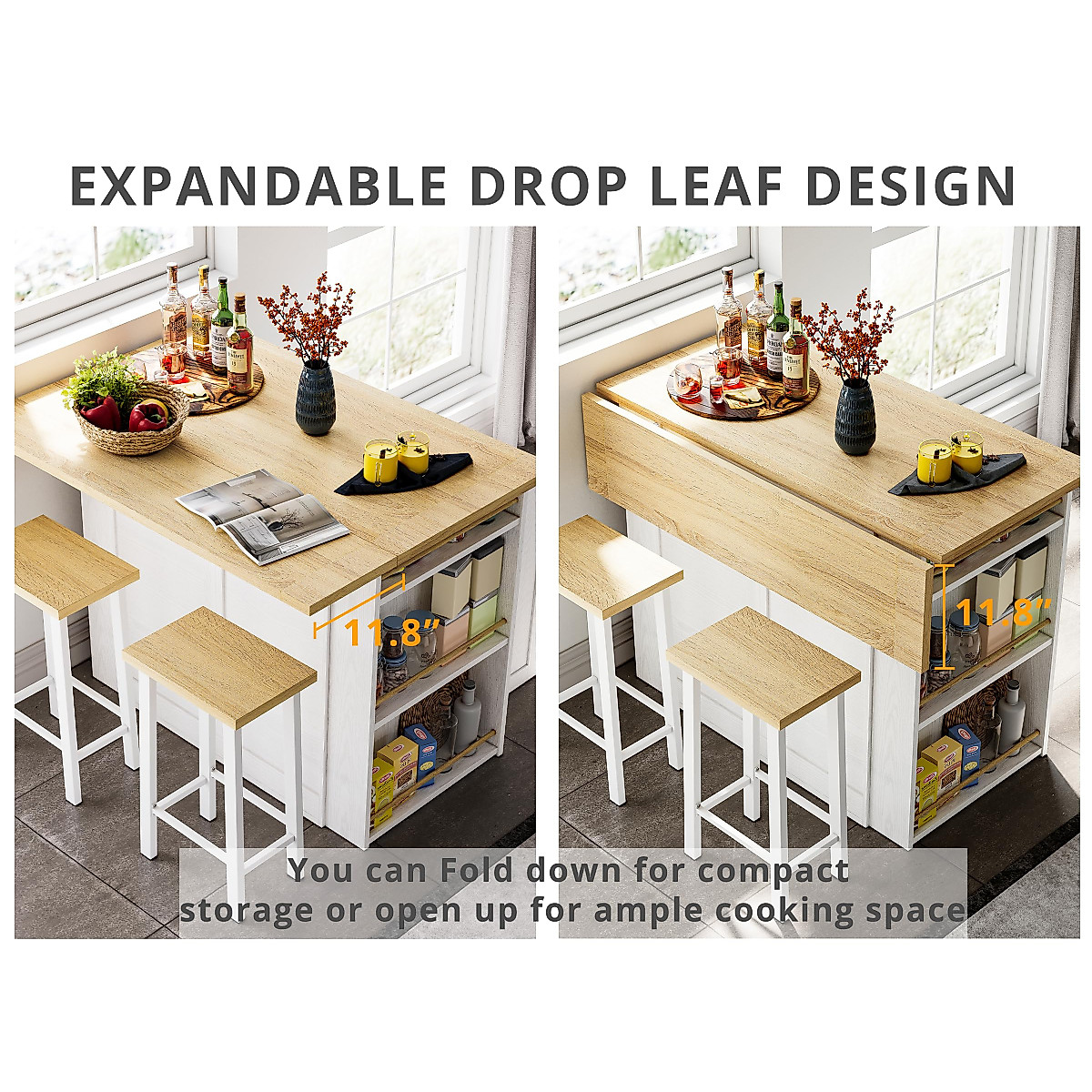 IRONCK Kitchen Island with Storage, with 2 Stools, Ample Storage Space with Power Strip, Large Countertop with Drop-Leaf Design, 2-Door Cabinet and 5 Open Side Racks/2 Utility Drawers, White